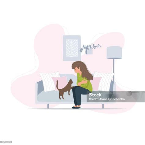 좌절 혼란스러운 여자는 개인적인 삶에서 불행한 문제를 느낀다 고양이와 함께 외로운 여자 그녀의 방에서 슬픈 여자 그녀의 마음에 어리둥절한 생각을 가진 우울증에 걸린 여자