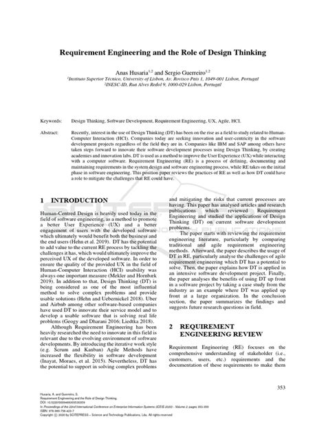 Requirement Engineering And The Role Of Design Thinking Pdf Agile Software Development