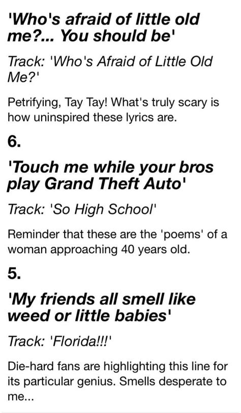 The 10 Worst Lyrics In Taylor Swifts New Album Ranked Rtssnark