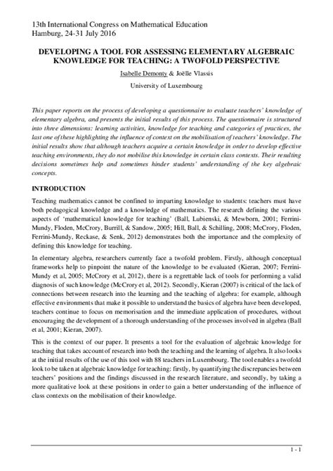 Pdf Developing A Tool For Assessing Elementary Algebraic Knowledge For Teaching A Twofold