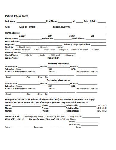 Free Patient Intake Form Templates