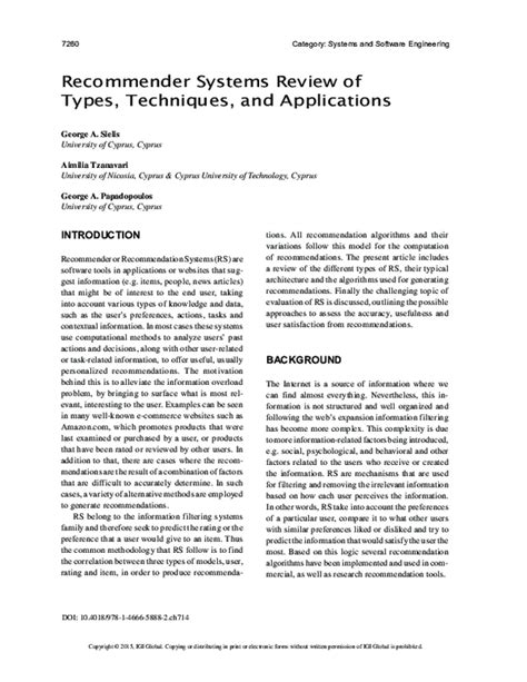 Pdf A Review Of Recommender Systems Types Techniques And Applications