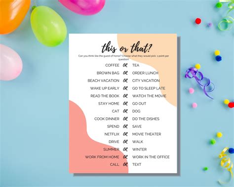 This Or That Birthday Game Fun Party Activity Digital Download Etsy