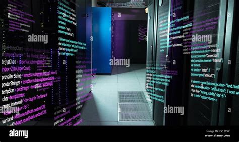 Image Of Multicolored Computer Language Over Data Server Room Stock