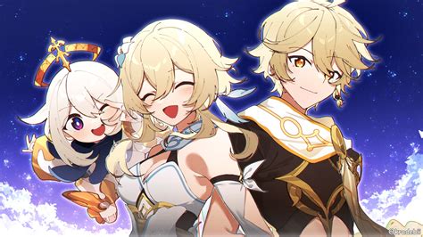 Lumine Aether And Paimon Genshin Impact Drawn By Kradebii Danbooru