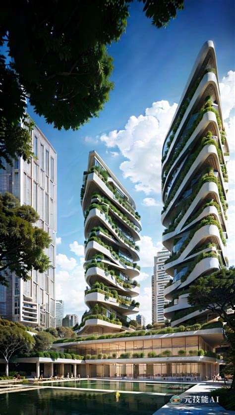 Ai提示词：建筑设计无缝融合了热带和国际现代主义的元素，是当代创新的一个引人注目的例子。这座建筑位于城市中央公园的中心，以其有机建筑模仿了郁郁葱葱的环境，身体尊重自然及其固有的和谐。剖面图回顾