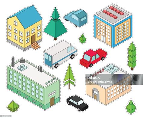 스티커 다른 아이소메트릭 건물의 집합입니다 자동차 녹색 숲 나무입니다 벡터 일러스트 레이 션 아이소메트릭 스타일입니다 0명에 대한 스톡 벡터 아트 및 기타 이미지 Istock