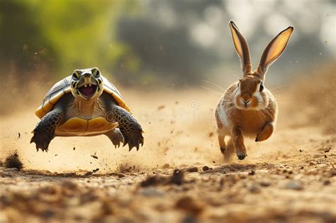 A Determined Turtle And Rabbit In A Close Race Stock Illustration