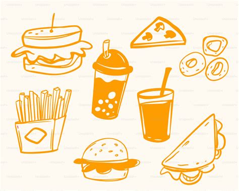 다양한 패스트 푸드 품목이 주황색으로 그려져 있습니다 벡터 Unsplash의 음식 이미지