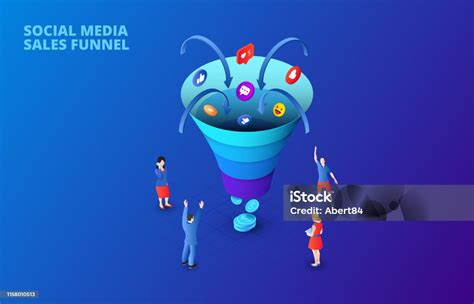 어두운 파란색 배경에 사람들과 소셜 미디어 판매 깔때기 디자인 개념 아이소메트릭 벡터 그림입니다 웹용 방문 페이지 템플릿입니다 3차원 형태에 대한 스톡 벡터 아트 및 기타