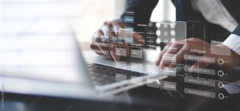 Business Developer Using Kanban Board Framework On Laptop Computer Agile Software Development