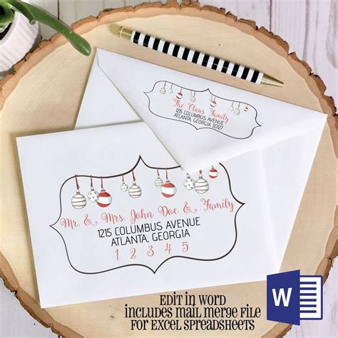 Printable Christmas Envelope Template Ornaments Design Word Mail Merge Compatible Recipient