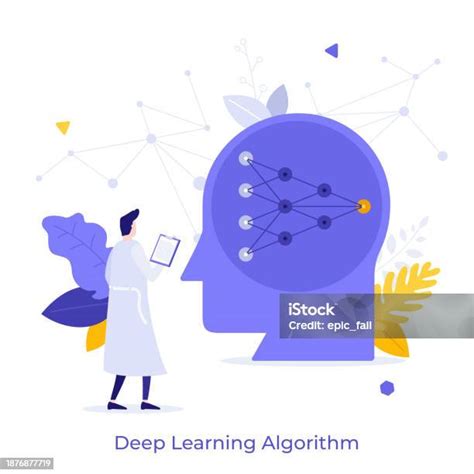 내부에 연결된 노드가 있는 머리를 보고 있는 과학자 딥 러닝 알고리즘 신경망 인공 지능 데이터 과학의 개념 현대 평면 벡터 일러스트 레이 션 포스터 배너에 대한 데이터에