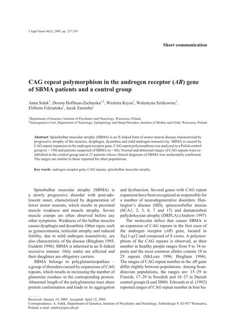 Pdf Cag Repeat Polymorphism In The Androgen Receptor Ar Gene Of