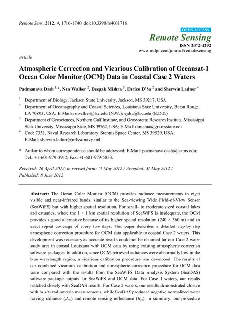 Pdf Atmospheric Correction And Vicarious Calibration Of Oceansat 1 Ocean Color Monitor Ocm