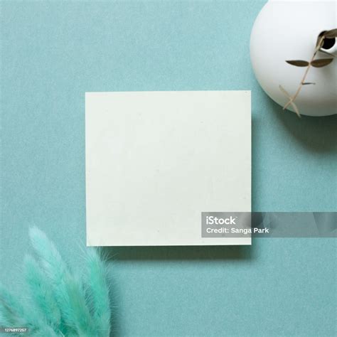 빈 메모 패드 토끼 꼬리 잔디 마른 꽃과 녹색 배경에 유칼립투스 화분빈 종이 플랫 레이 상단 뷰 복사 공간 가을에 대한 스톡