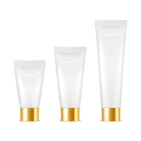 벡터 3d 현실적인 플라스틱 금속 흰색 치약 크림 튜브 흰색 배경에 고립 된 황금 모자 세트 포장 이랑 전면 보기에 대 한 치약