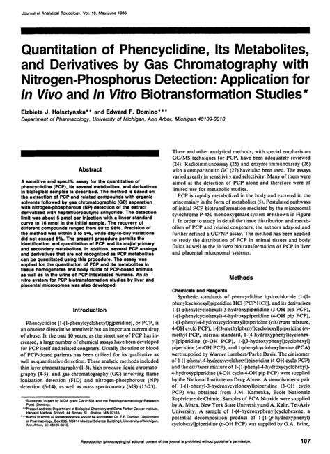 Pdf Quantitation Of Phencyclidine Its Metabolites And Derivatives By Gas Chromatography With
