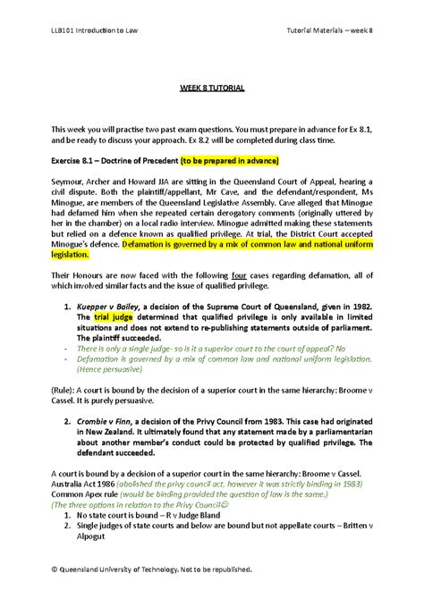 Week 8 Tutorial Llb101 Introduction To Law Tutorial Materials Week
