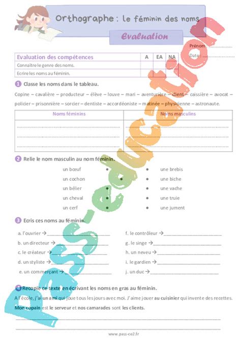 Le Féminin Des Noms Évaluation Dorthographe Pour Le Ce2 Cycle 2 Pdf à Imprimer