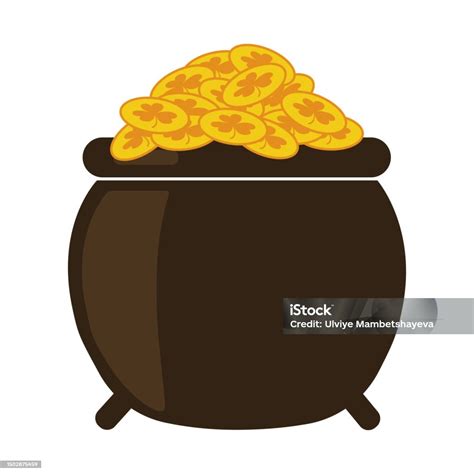 성 패트릭 데이 냄비는 흰색 바탕에 금색으로 분리되어 있다 금화의 아일랜드 휴일 상징 가마솥의 벡터 그림 3월에 대한 스톡 벡터 아트 및 기타 이미지 Istock