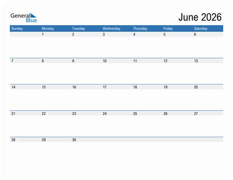 Editable June 2026 Monthly Calendar