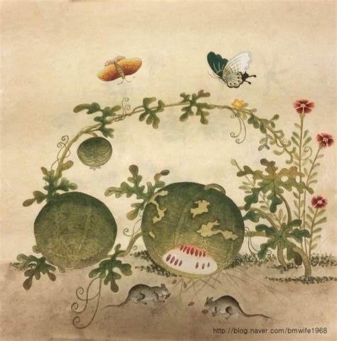 신사임당의 초충도 수박과 들쥐 신사임당의 초충도 8폭을 지난해 완성했어요 초충도는 민화를 그리신는 그림 한국화 그림 그리기