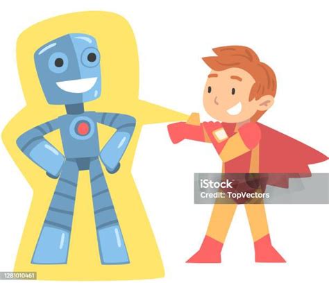 귀여운 소년 슈퍼 히어로와 로봇 아이 상상력 개념 동화 이야기 발견 만화 스타일 벡터 일러스트 독일에 대한 스톡 벡터 아트 및