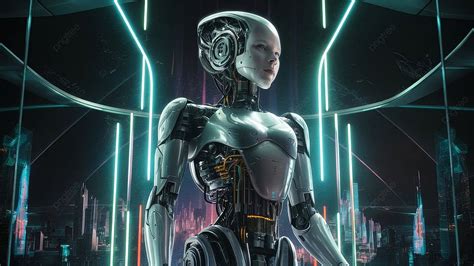 Artificial Intelligence Female Humanoid Robot Neon Lights Background