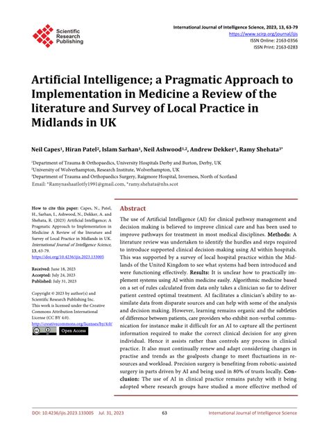 Pdf Artificial Intelligence A Pragmatic Approach To Implementation In Medicine A Review Of