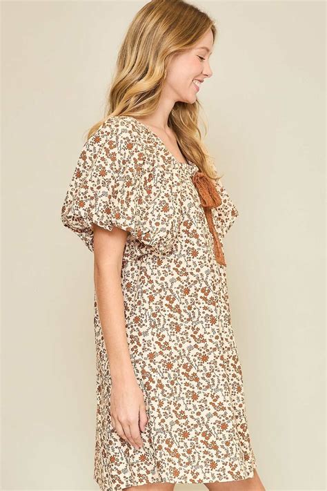 Umgee Full Size Lace Tape Drawstring Floral Puff Sleeve Mini Dress Plu