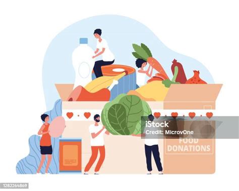 음식기부 휴일 음식 드라이브 기부 크리스마스 자선 자원봉사자들이 캔과 식료품 벡터 컨셉으로 골판지 상자 원조를 수집합니다 고기에 대한 스톡 벡터 아트 및 기타 이미지