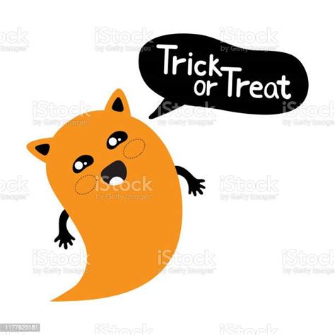 귀여운 만화 고양이 유령 트릭 또는 치료를 말한다 벡터에서 재미 할로윈가와이 문자 벡터 그래픽 인사말 카드에 대한 사랑스럽고