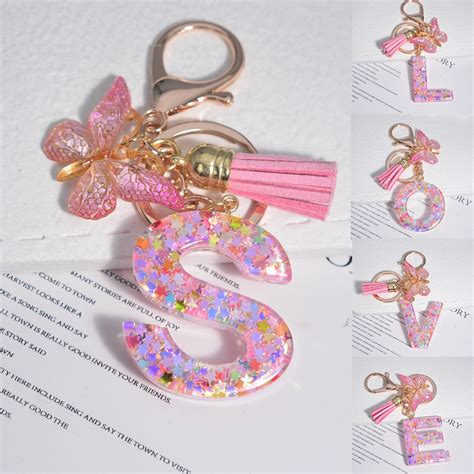 New Pink Resin A Z Initials Letters Keychain Tassel Butterfly Pendant Keyring For Girls Women