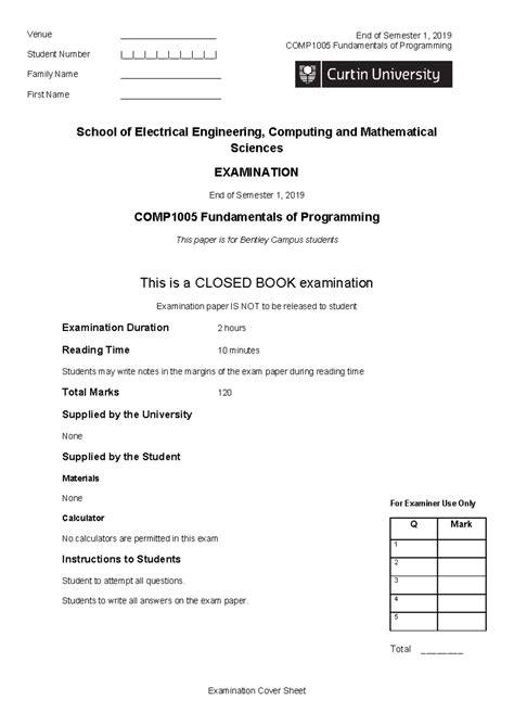 Comp1005 Fundamentals Of Programming Sem1 2019 Final End Of Semester