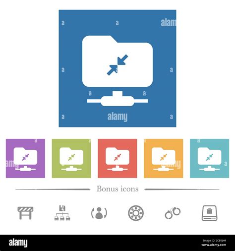 Ftp Compression Flat White Icons In Square Backgrounds 6 Bonus Icons Included Stock Vector