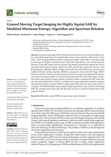 Pdf Ground Moving Target Imaging For Highly Squint Sar By Modified Minimum Entropy Algorithm