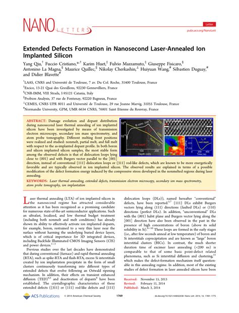 Pdf Extended Defects Formation In Nanosecond Laser Annealed Ion