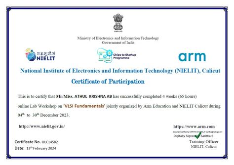 Athul Krishna Ab On Linkedin Completed A Course From Nielit On Vlsi Fundamentals