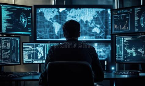 Data Analysis Cybersecurity Monitoring High Tech Control Room Multiple