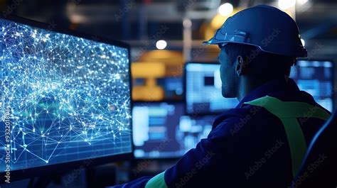 Engineer Monitoring Data On Multiple Screens In A Dimly Lit Workplace Stock Illustration Adobe