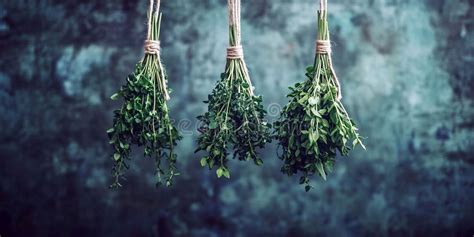 Three Bunches Of Fresh Green Herbs Hanging Upside Down On Twine Against A Textured Dark Blue