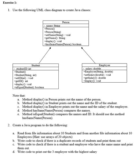 Solved Exercise 1 1 Use The Following UML Class Diagram To Chegg Com