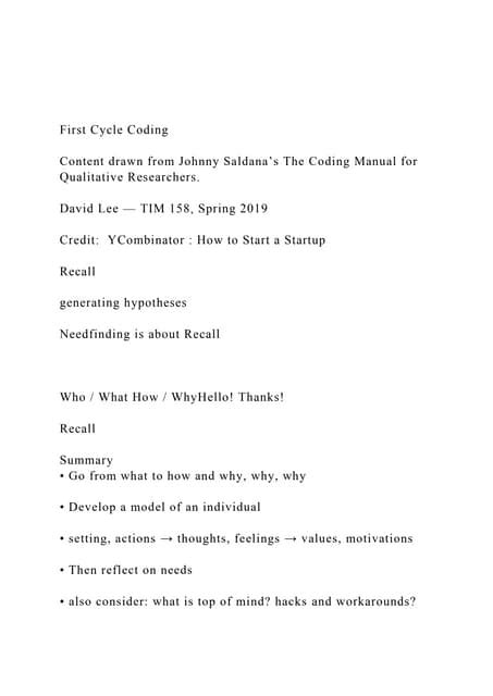 First Cycle Codingcontent Drawn From Johnny Saldanas The Docx