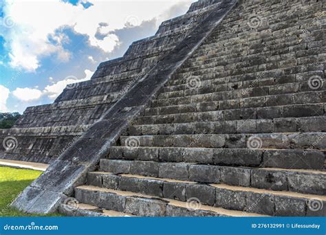 Stairs And Mayan Sculpture On The Corners Ancient Mayan City Chichen