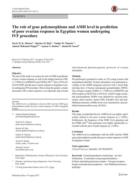 Pdf The Role Of Gene Polymorphisms And Amh Level In Prediction Of Poor Ovarian Response In