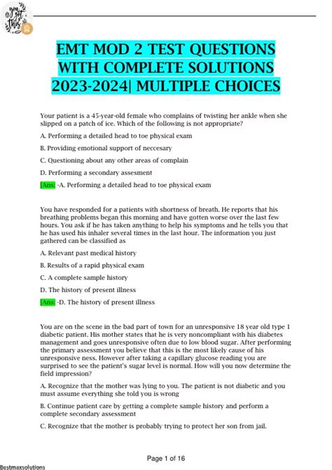 Emt Mod 2 Test Questions With Complete Solutions Multiple Choices Emt Stuvia Us