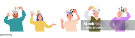 다양한 연령대의 다른 사람들 만화 캐릭터 정보 벡터 일러스트 레이 션으로 머리를 채우고 있습니다 개념에 대한 스톡 벡터 아트 및 기타 이미지 Istock