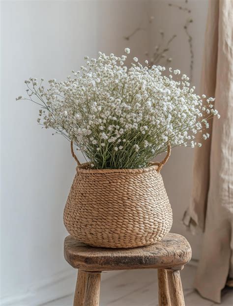 Beautiful Arrangement Of Gypsophila Flowers In A Woven Basket On A