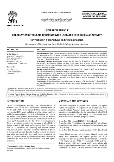 Pdf Correlation Of Thyroid Hormones With Lactate Dehydrogenase Activity